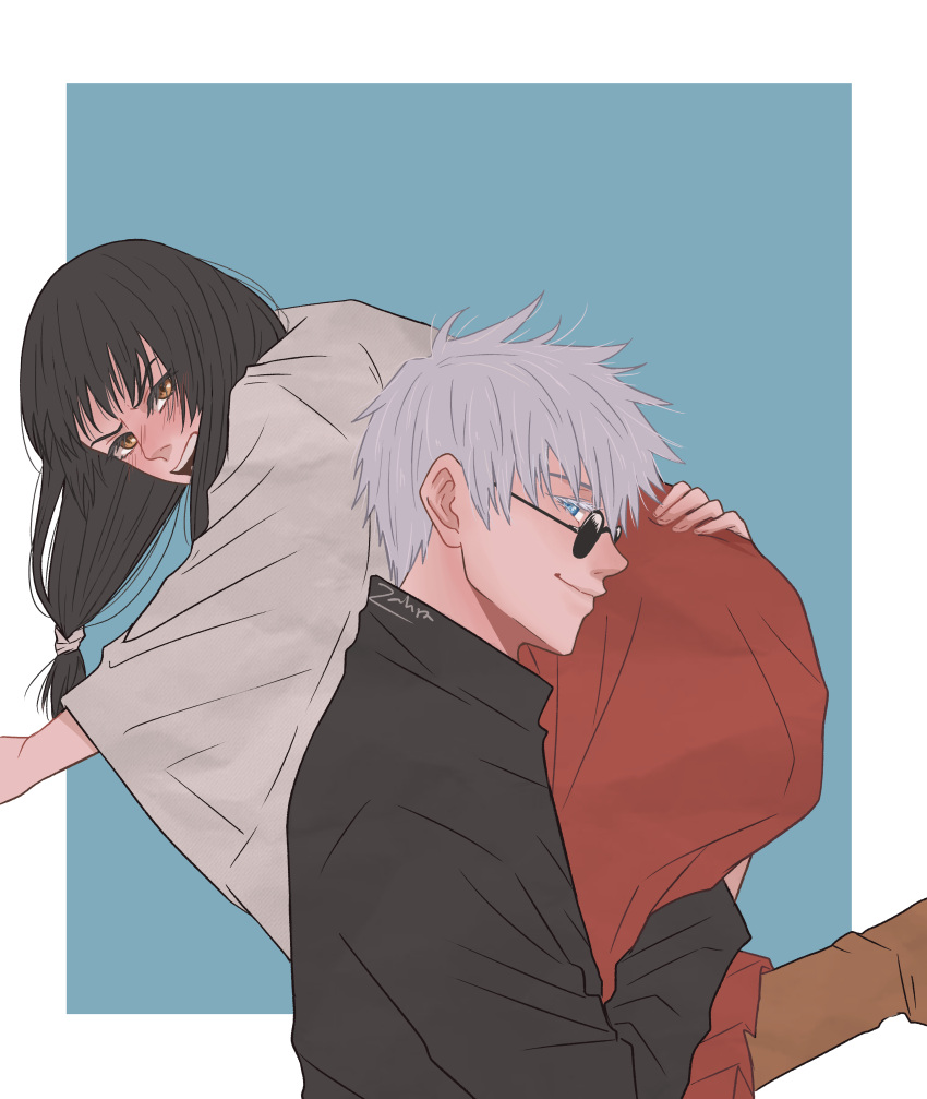 Safebooru - 1boy 1girl absurdres artist name bangs black hair black jacket blue background blue ...
