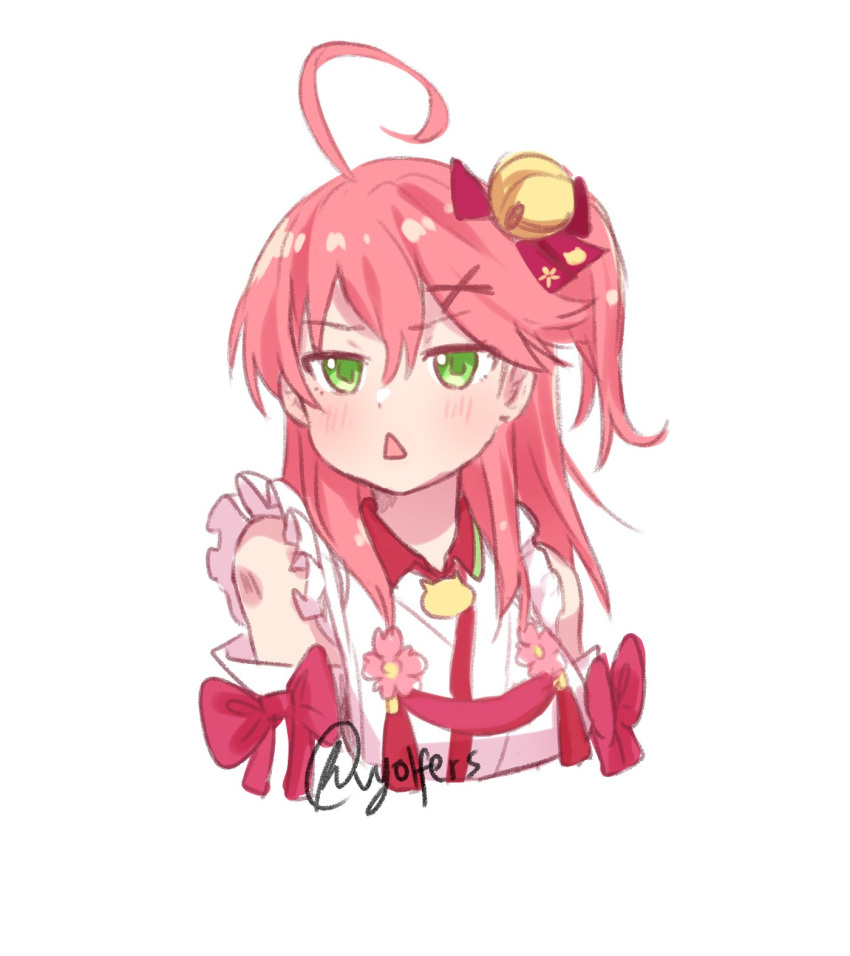 Safebooru - 1girl ahoge bangs bell blush breasts detached sleeves green ...