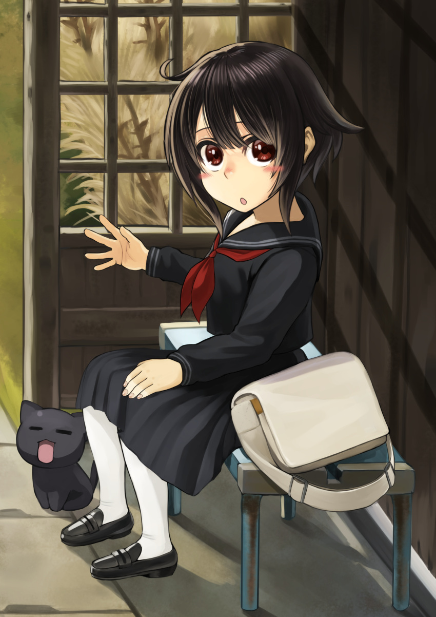 Safebooru - 1girl animal black hair black serafuku blush bus stop cat chomusuke contemporary ...