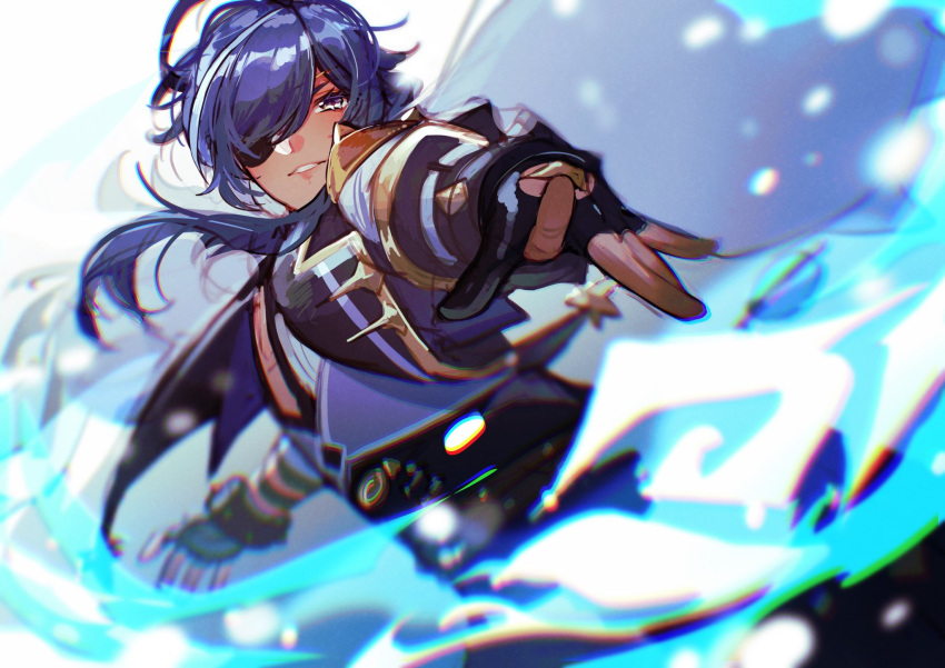 Safebooru - 1boy akichi hirobiro bangs blue eyes blue hair blue jacket dark skin dark skinned ...