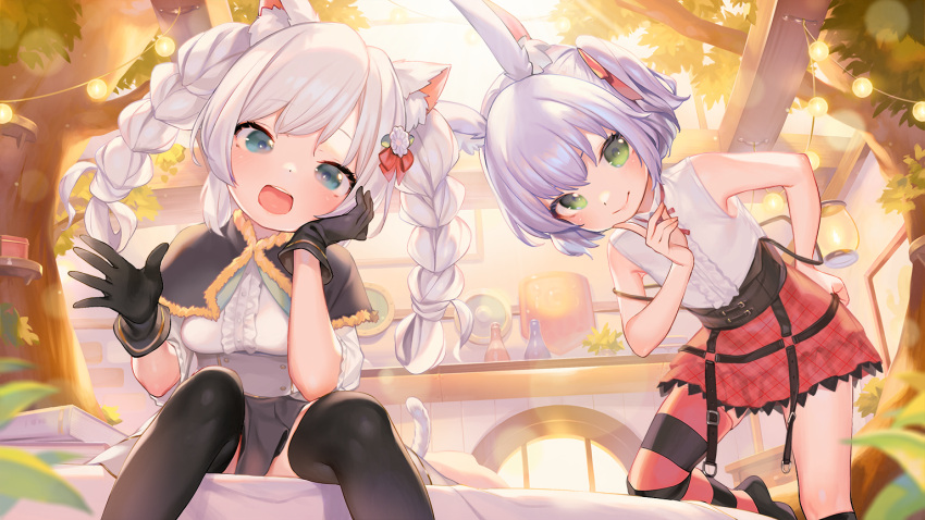 Safebooru - 2girls animal ear fluff animal ears black capelet black gloves black legwear blue ...