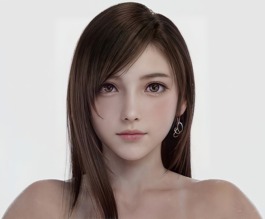 Safebooru - 1girl 3d bangs bare shoulders brown eyes brown hair collarbone earrings eyebrows ...