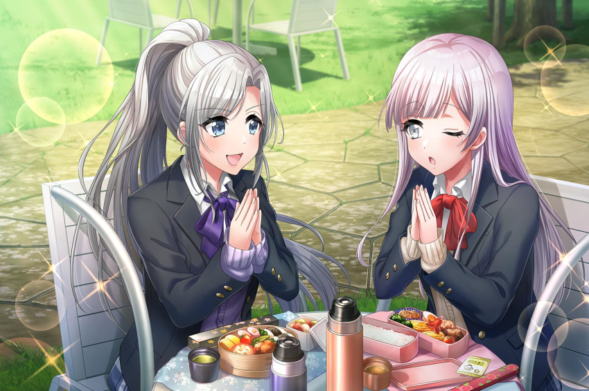 Safebooru - 2girls blue eyes d4dj dress grey eyes grey hair izumo saki long hair nijima ibuki ...
