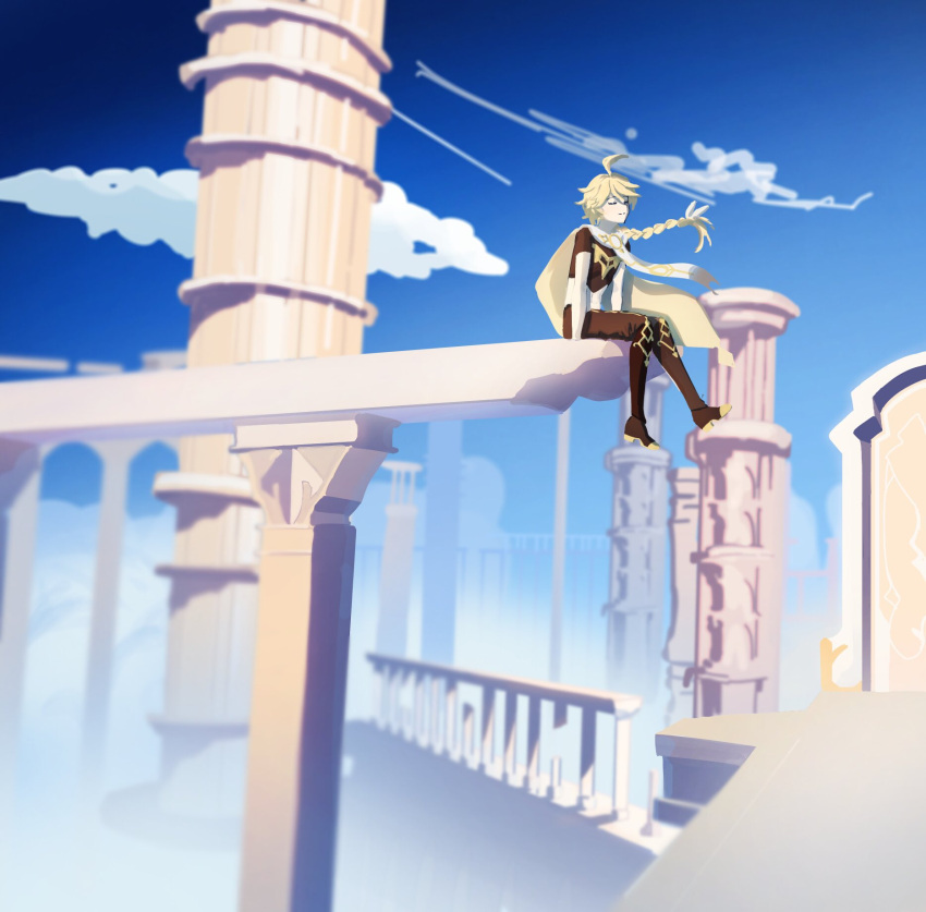 Safebooru - 1boy aether (genshin impact) ahoge bangs black pants black shirt blonde hair blue ...