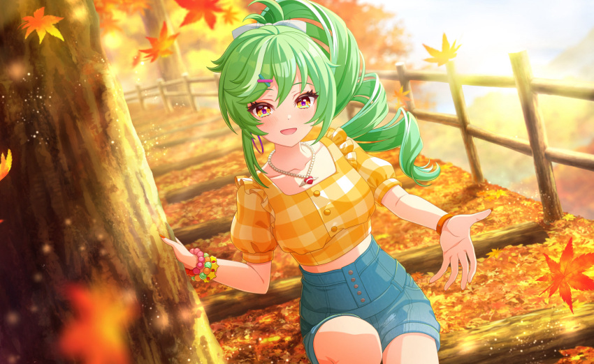 Safebooru - 1girl :d ahoge akiru kamira autumn autumn leaves blue ...