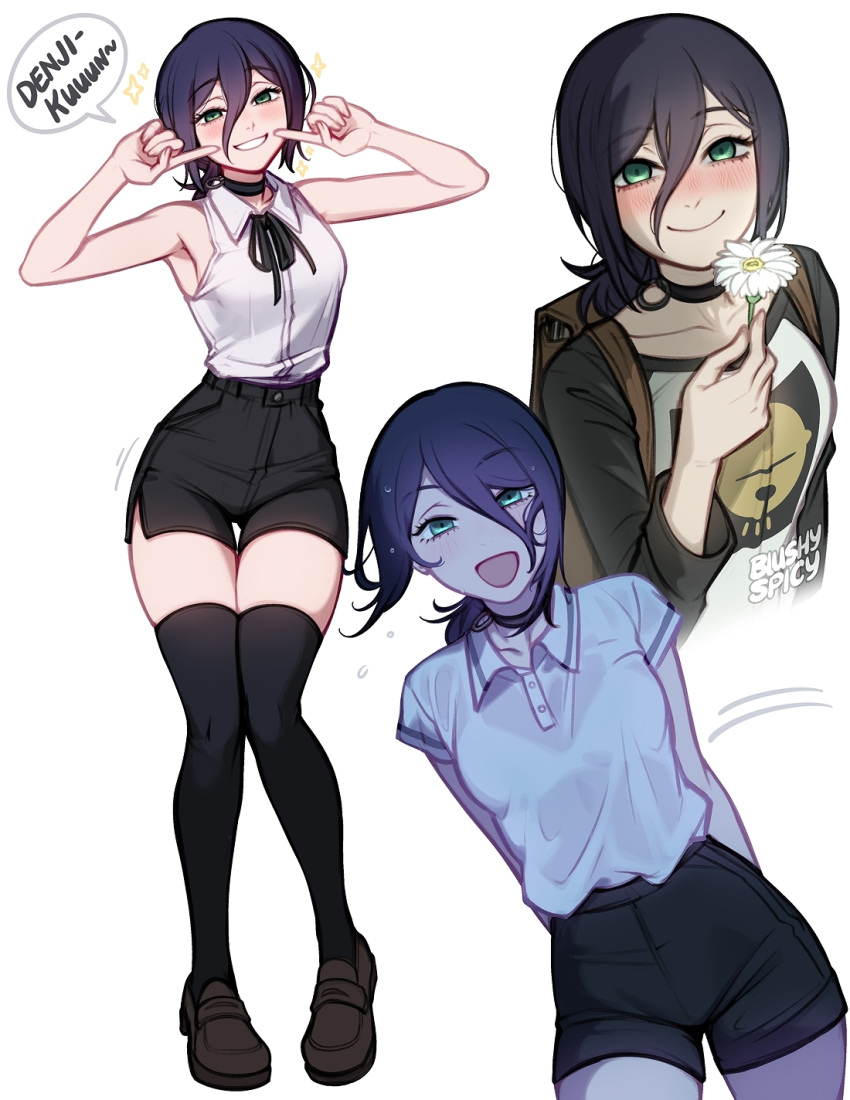 Safebooru - 1girl black choker black hair black ribbon black shorts black thighhighs blush ...