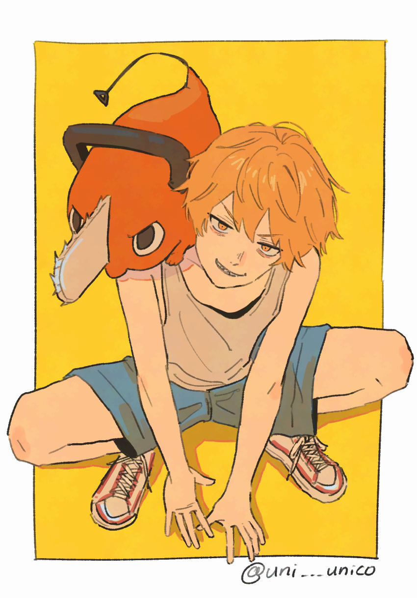 Safebooru - 1boy bare shoulders blonde hair blue shorts border chainsaw ...