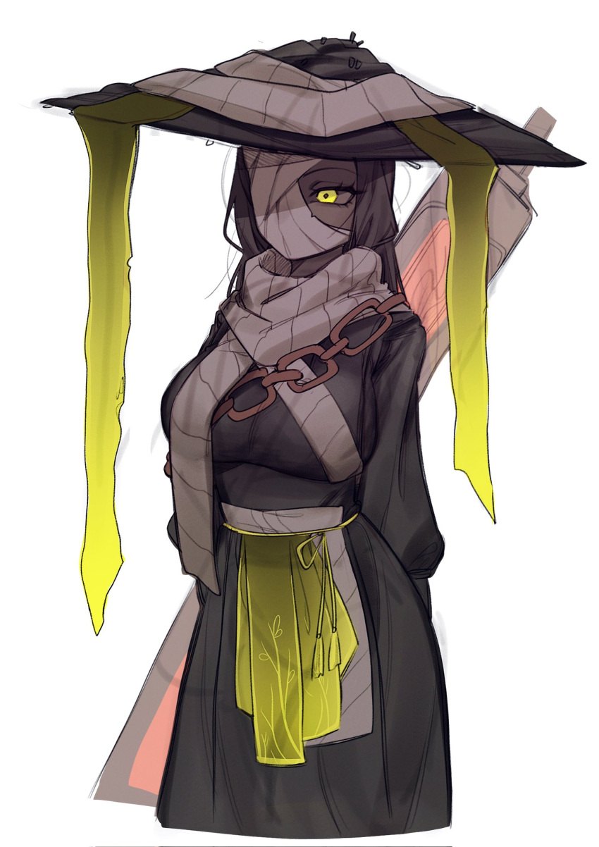 Safebooru - 1girl arms behind back bandage over one eye black dress black hair black hat chain ...