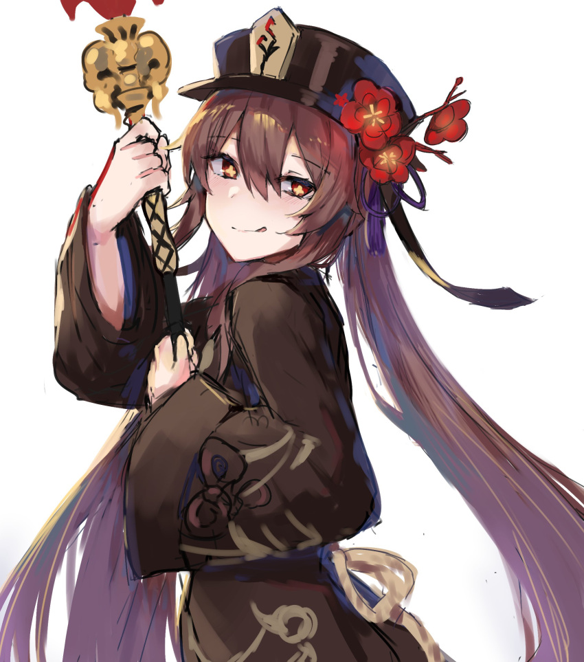 Safebooru - 1girl absurdres bangs black coat black headwear blush breasts brown hair coat flower ...