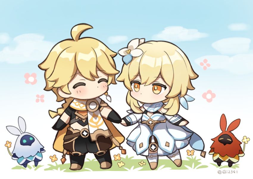 Safebooru - 1boy 1girl ^ ^ aether (genshin impact) blonde hair blush brother and sister chibi ...