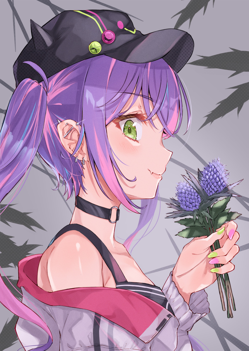 Safebooru - 1girl absurdres bare shoulders baseball cap bibi (tokoyami towa) black choker black ...