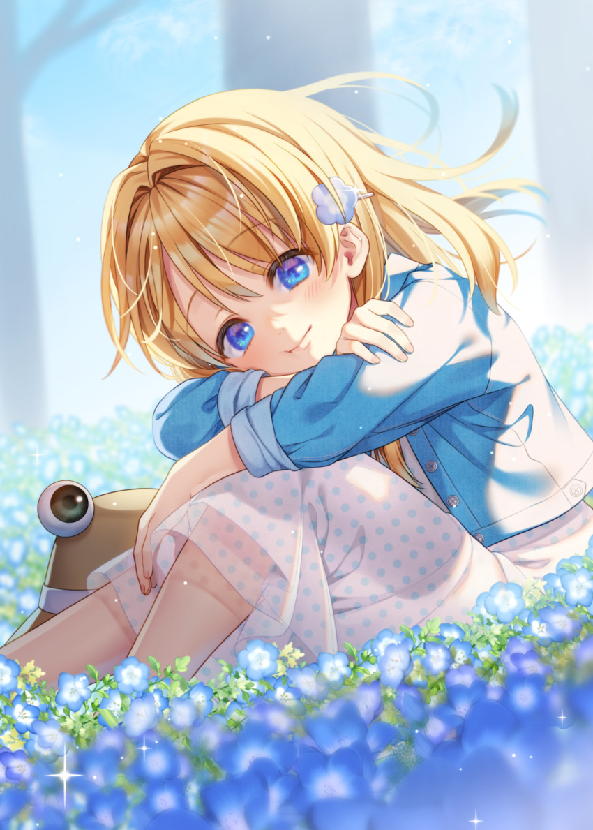 Safebooru - 1girl alternate costume blonde hair blue eyes blue flower blue jacket brown headwear ...
