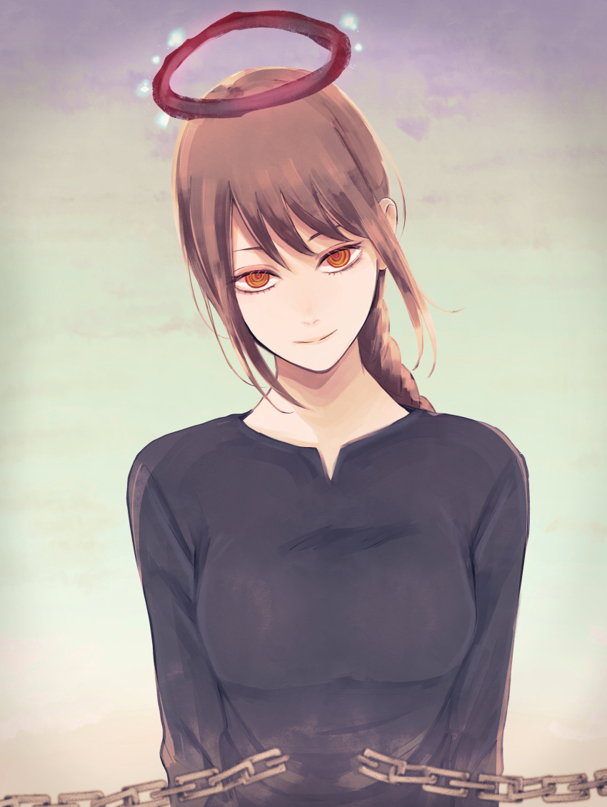 Safebooru - 1girl absurdres black dress braid braided ponytail breasts chain chainsaw man closed ...