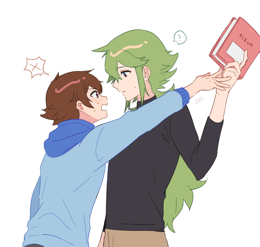 Safebooru - 2boys ? alternate costume bangs black sweater blue jacket ...