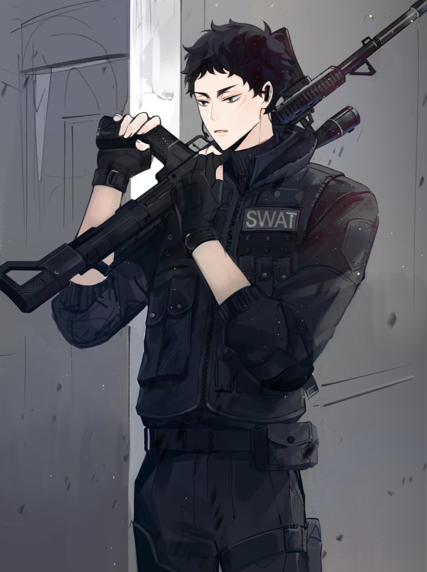 Safebooru - 1boy akaashi keiji bangs black gloves black hair fingerless ...