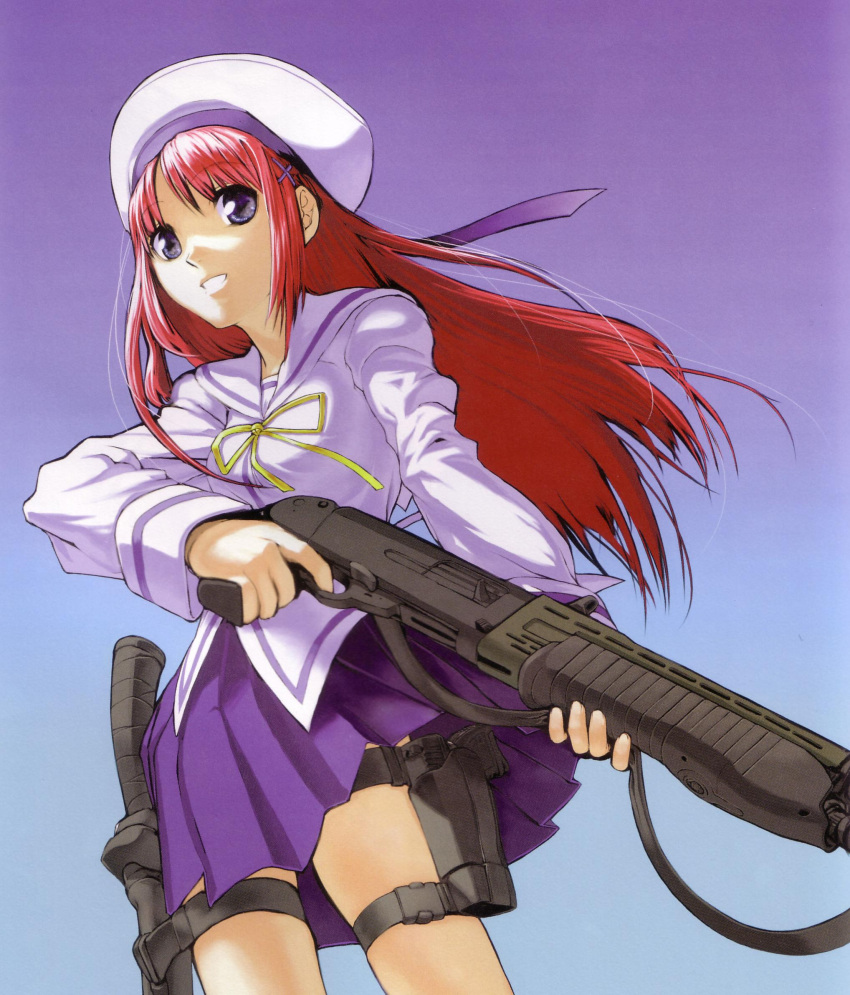 Safebooru - da capo gun handgun hat highres knife long hair pistol red ...