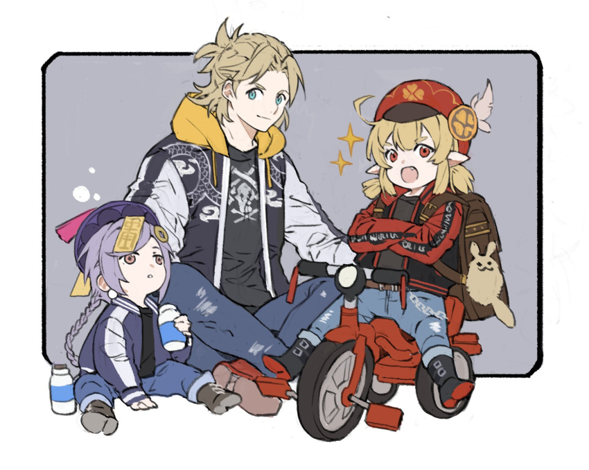 Safebooru - 1boy 2girls ahoge albedo (genshin impact) alternate costume aqua eyes backpack bag ...