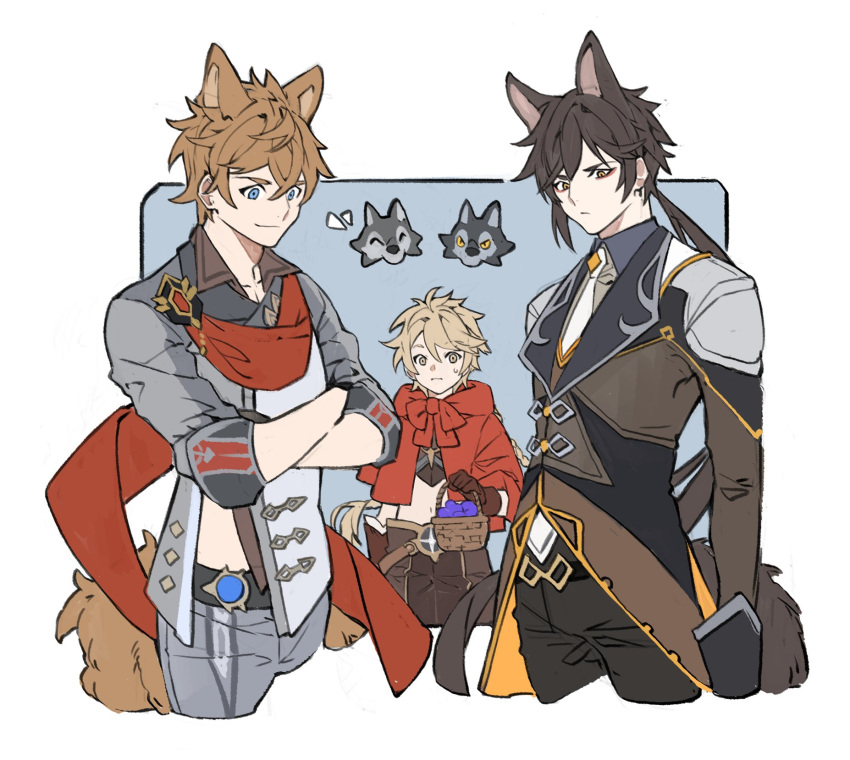 Safebooru - 3boys aether (genshin impact) animal animal ears bangs basket blue eyes braid closed ...