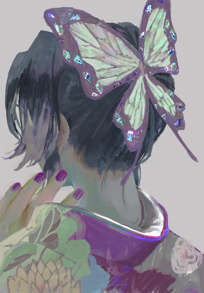 Safebooru - 1girl black hair butterfly hair ornament facing away floral print hair ornament hair ...