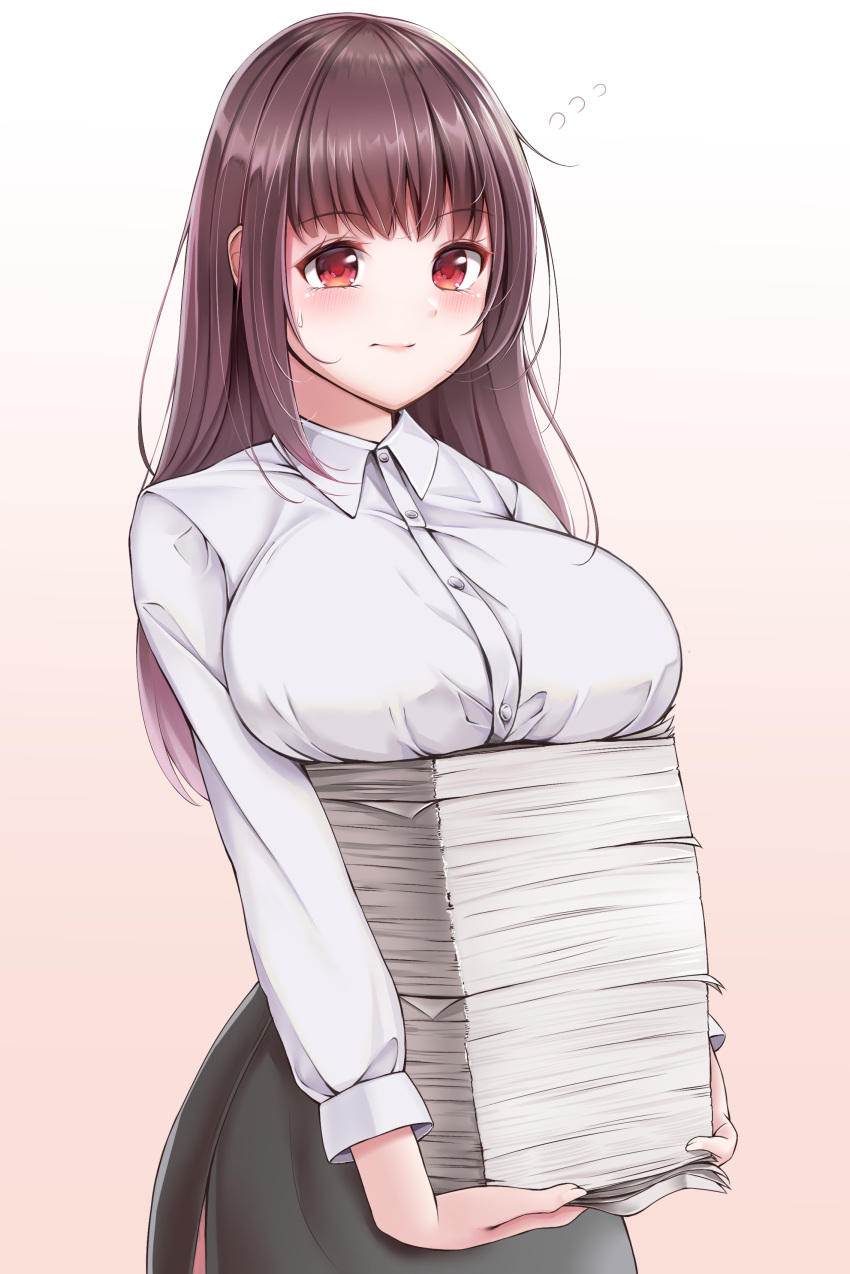 Safebooru - 1girl absurdres bangs black skirt breast rest breasts brown hair carrying closed ...