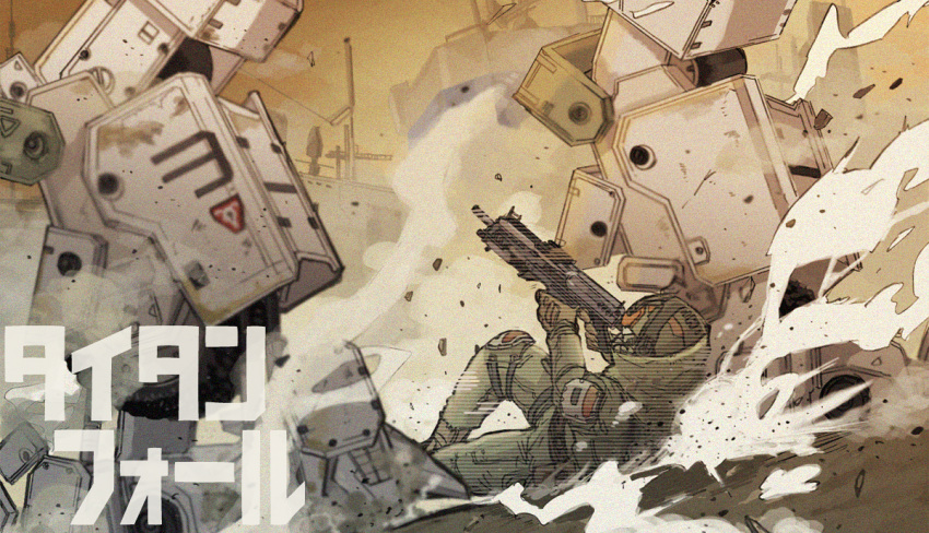 Safebooru - 1boy aiming atlas (titanfall) beige scarf dust gun helmet ...