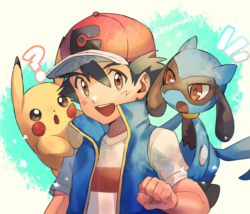 Safebooru - 1boy ? ash ketchum bangs baseball cap black hair blue jacket brown eyes clenched ...
