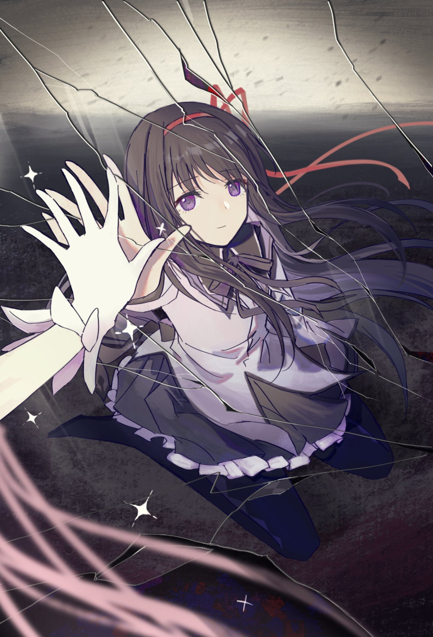 Safebooru - 2girls aibooooooaibooo akemi homura bangs black hair black ribbon broken glass crack ...