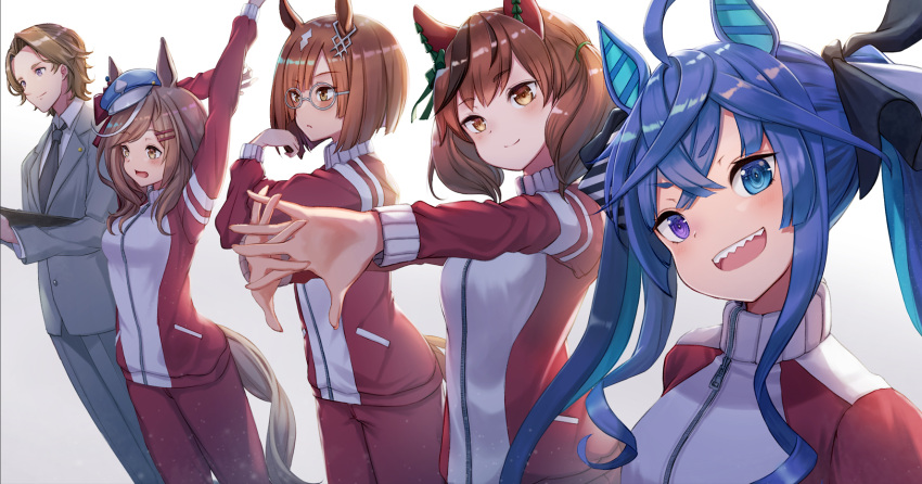 Safebooru - 1boy 4girls :d ahoge animal ears arm behind head arms up bangs black neckwear blue ...
