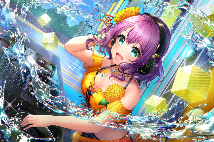 Safebooru - 1girl blush d4dj green eyes hidaka saori purple hair short hair smile swimsuit | 3457350