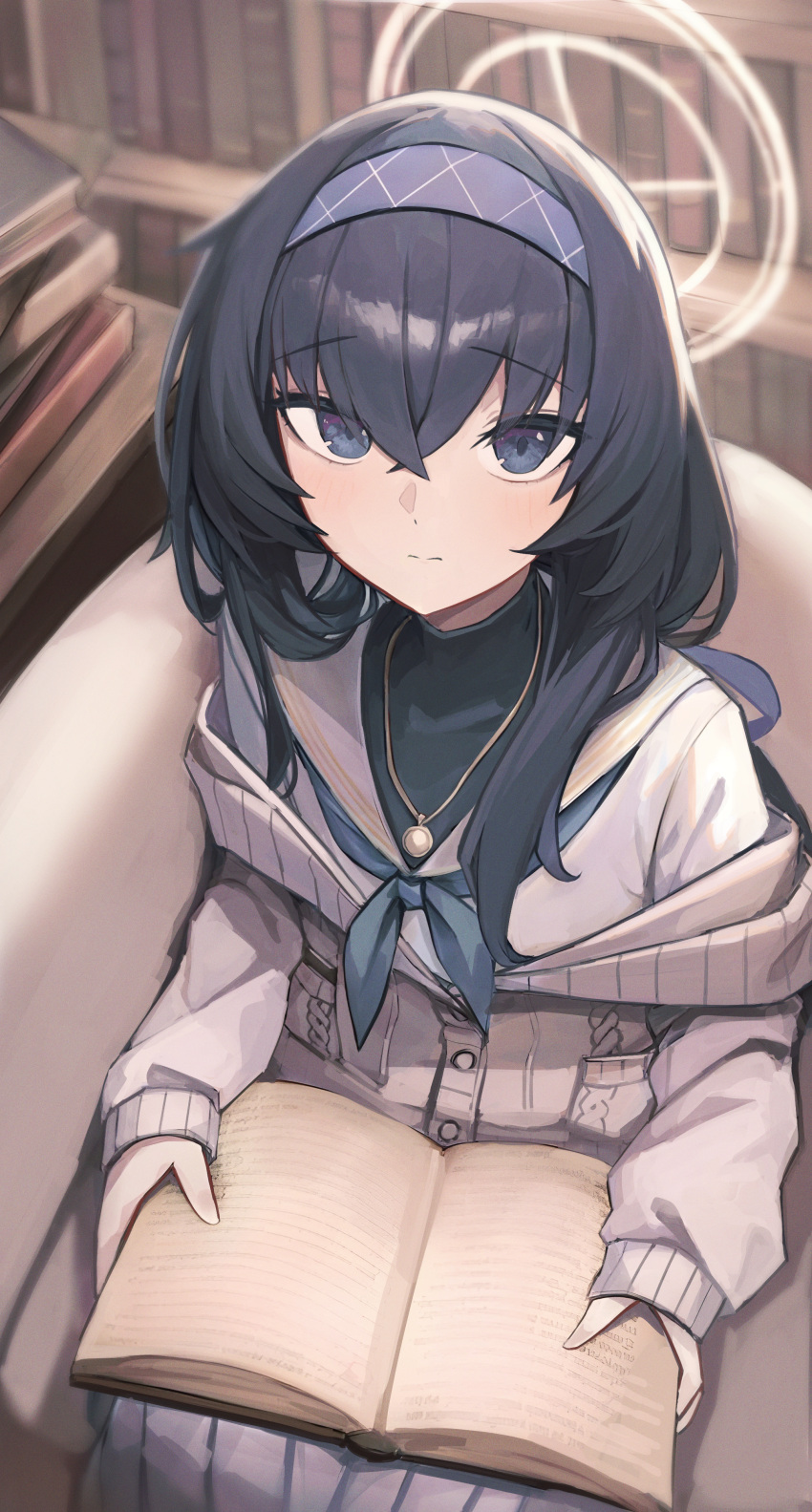 Safebooru - 1girl :o absurdres bag (chrko bag) bags under eyes black hair black undershirt blue ...