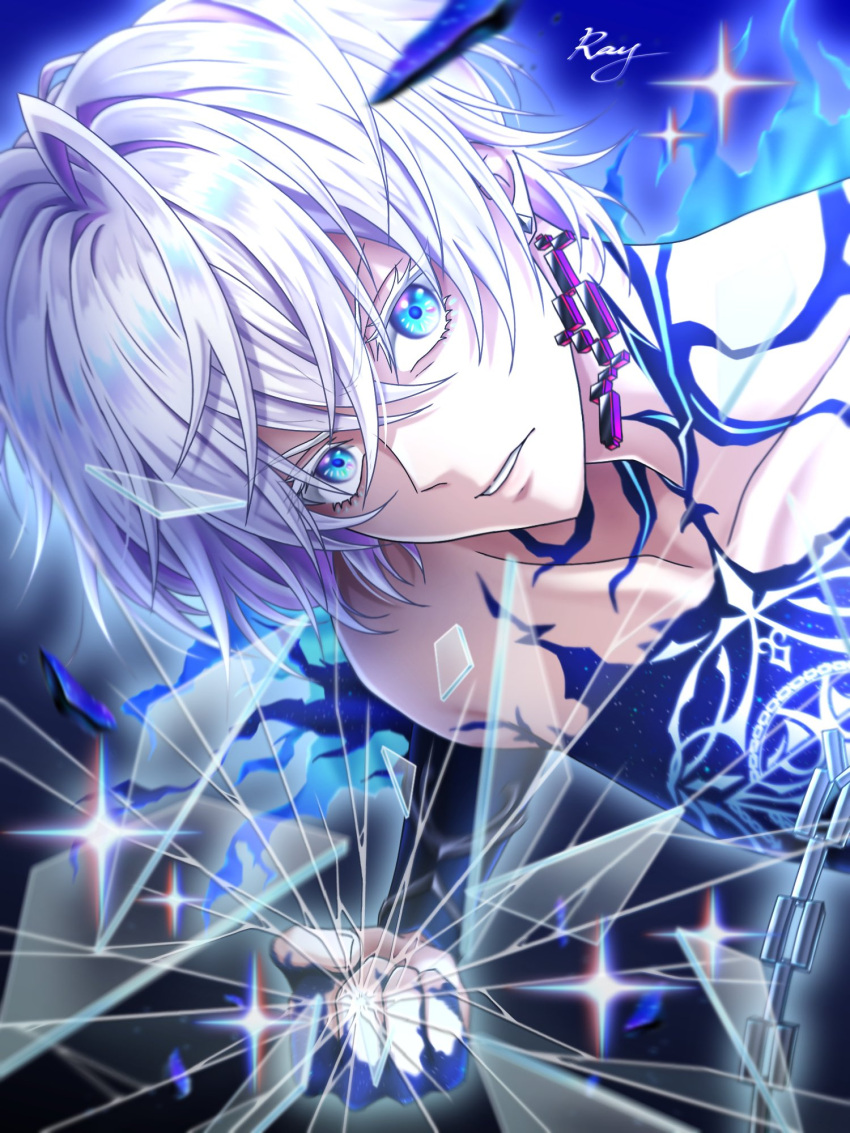 Safebooru - 1boy blue eyes chain clenched hand collarbone crack cracked ...