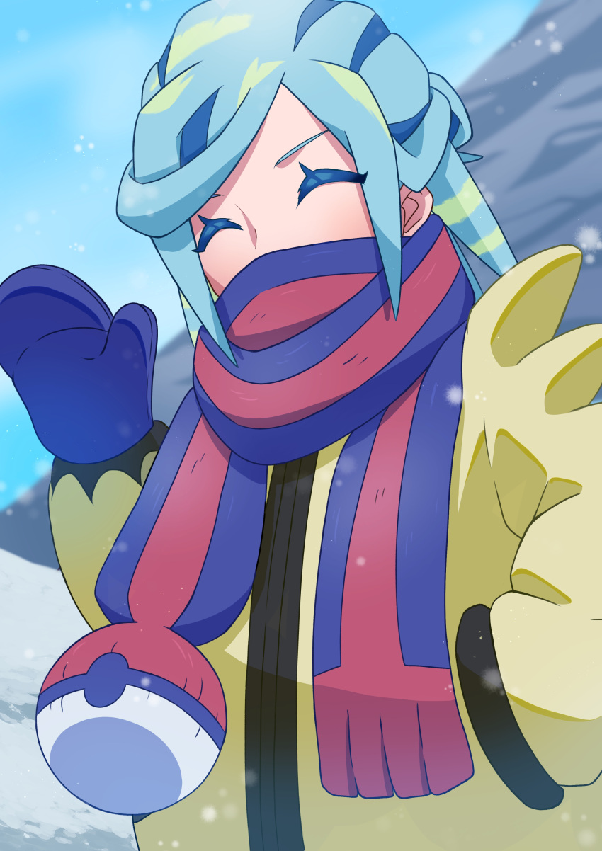 Safebooru - 1boy ^ ^ absurdres aqua hair blue mittens blue scarf closed ...