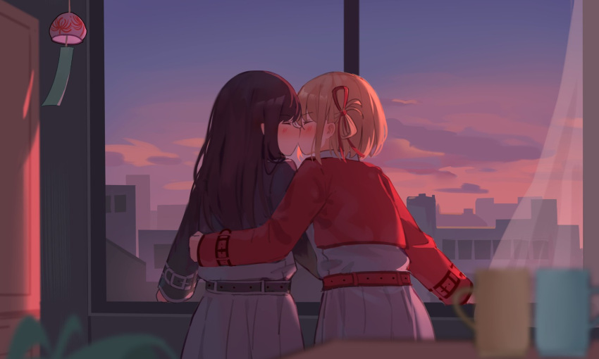 Safebooru - 2girls belt black hair blonde hair blue belt blue dress blush closed eyes commentary ...