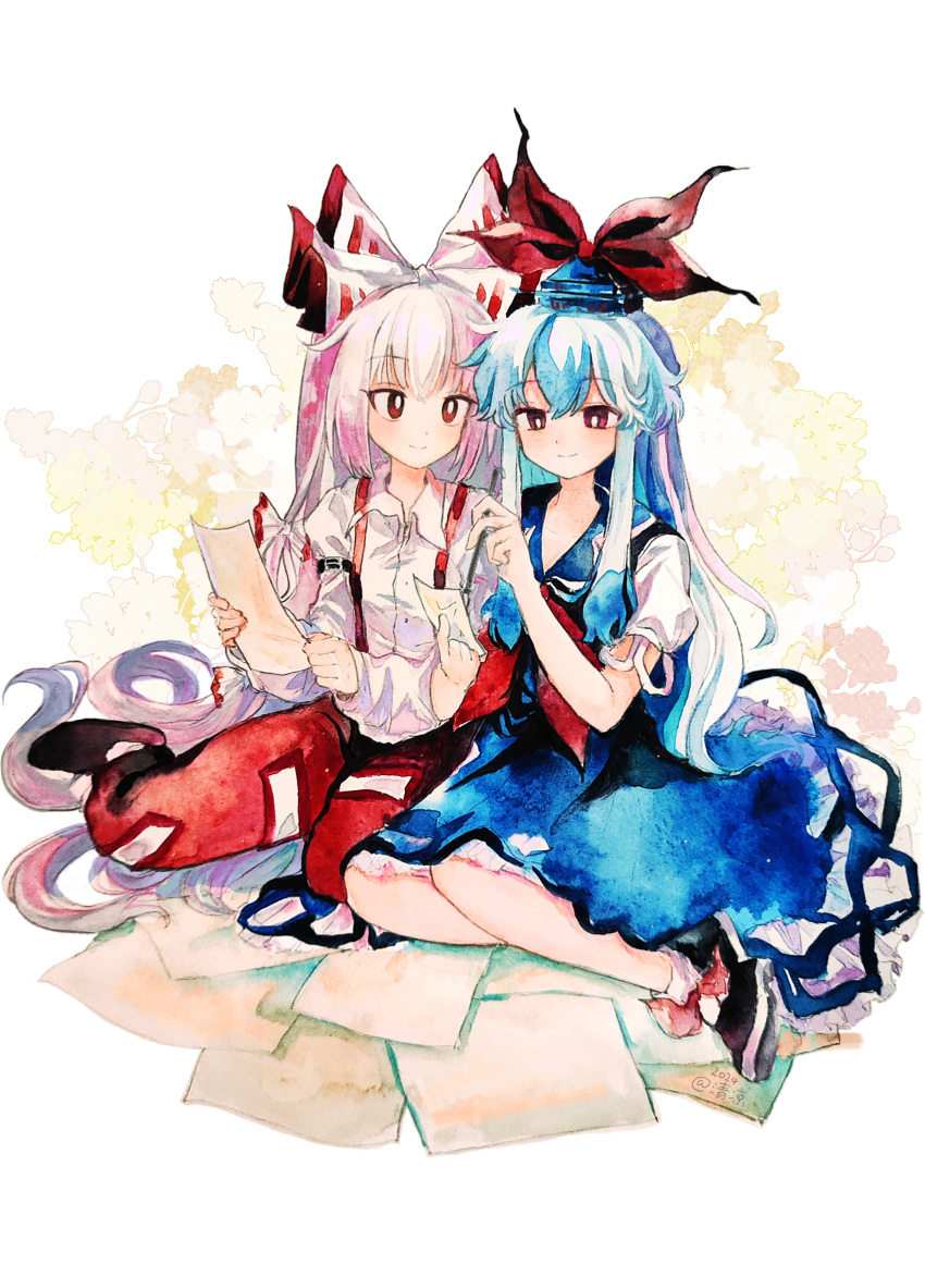 Safebooru - 2girls absurdly long hair absurdres black footwear blue dress blue hair blue hat bow ...