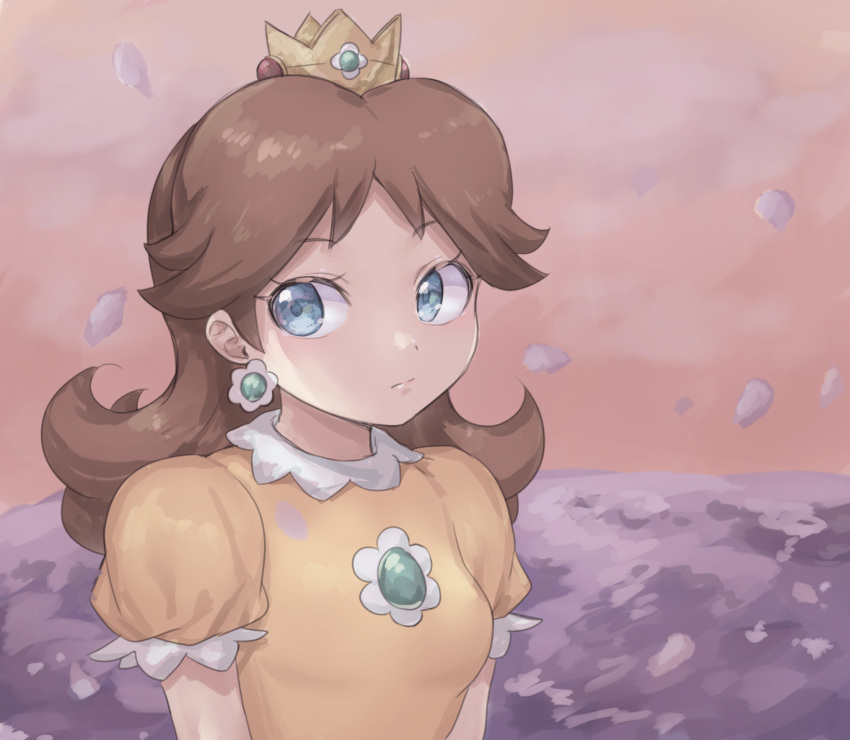 Safebooru - 1girl blue eyes brown hair crown dress earrings falling ...