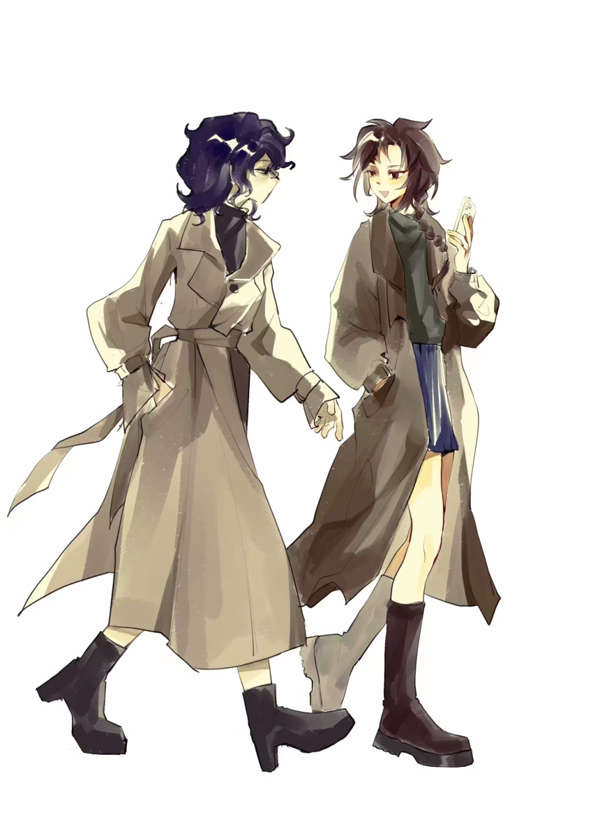 Safebooru - 2girls black shirt blue hair blue skirt boots braid brown coat brown footwear brown ...