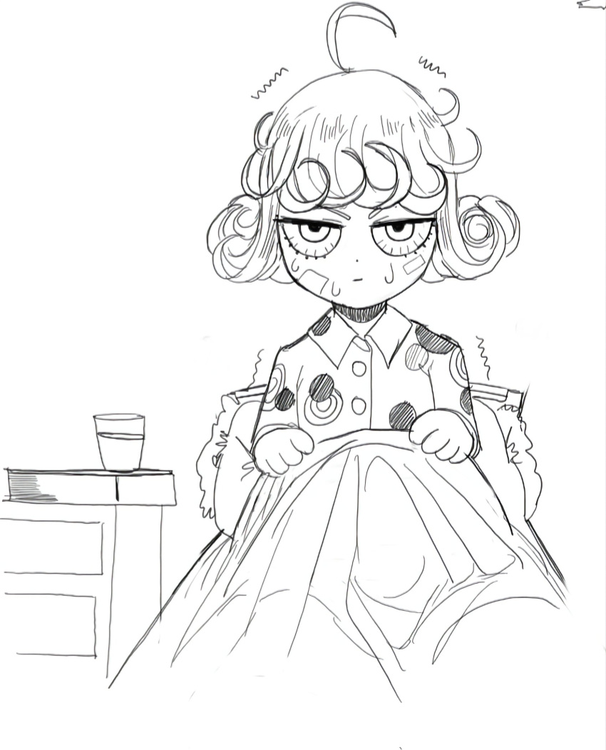 Safebooru - 1girl ahoge bed blanket bloodshot eyes commentary curly ...