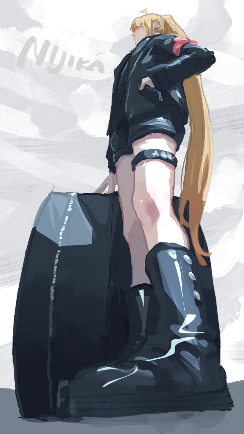 Safebooru - ahoge arm bow armband black footwear black jacket black shorts blonde hair bocchi ...