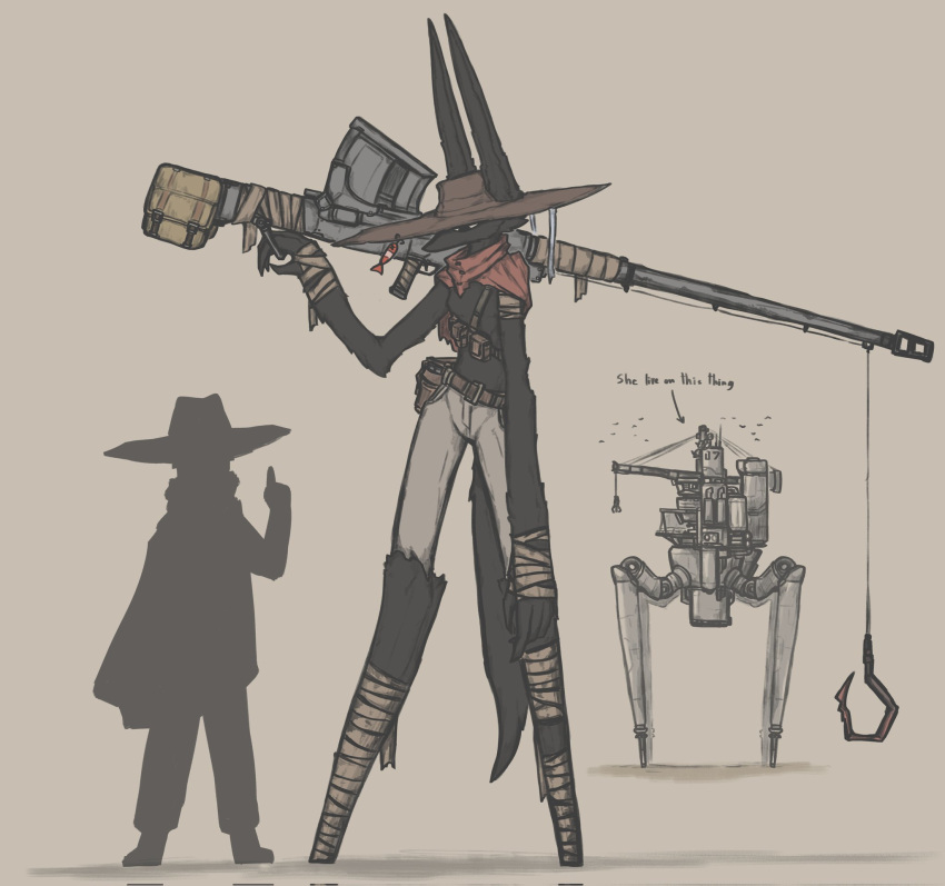 Safebooru - 1girl 1other bandaged arm bandaged leg bandages belt black fur cowboy hat crane ...