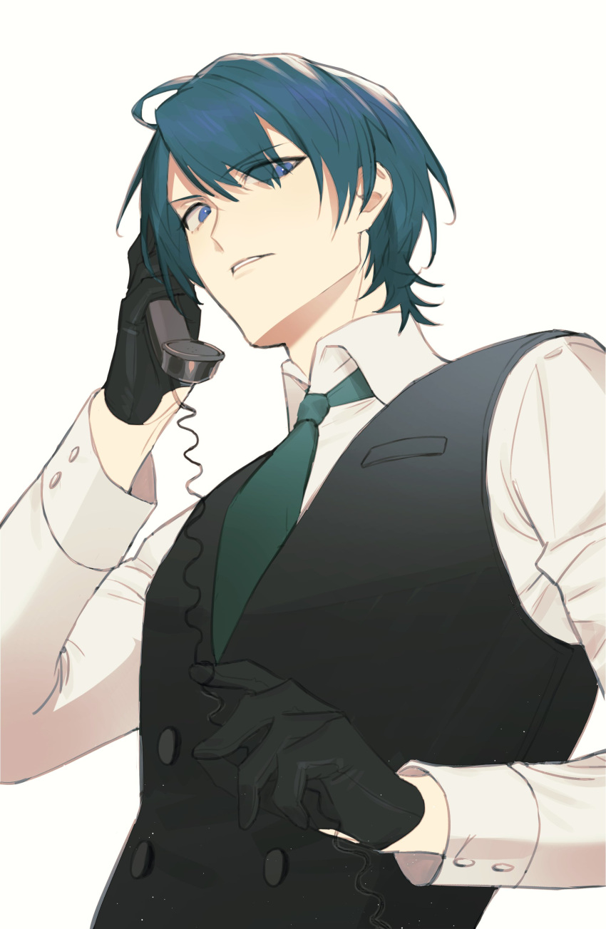 Safebooru - 1boy absurdres arm up black gloves black vest blue eyes ...