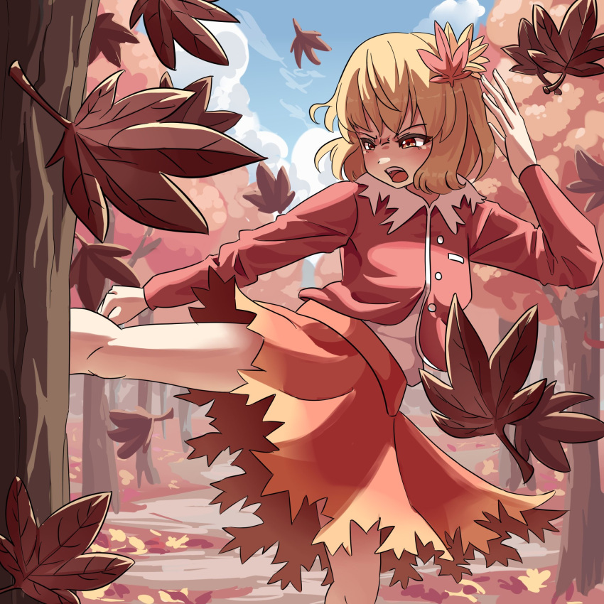Safebooru - 1girl aki shizuha bare legs blonde hair blue sky clouds cloudy sky commentary ...