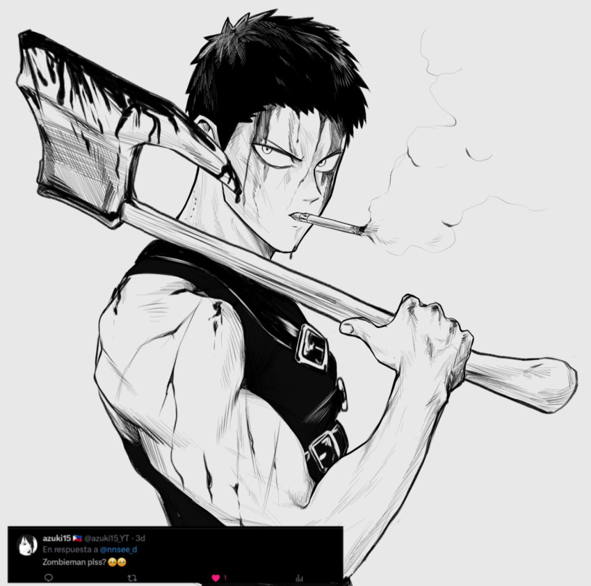 Safebooru - 1boy axe blood blood on arm blood on face blood on weapon ...