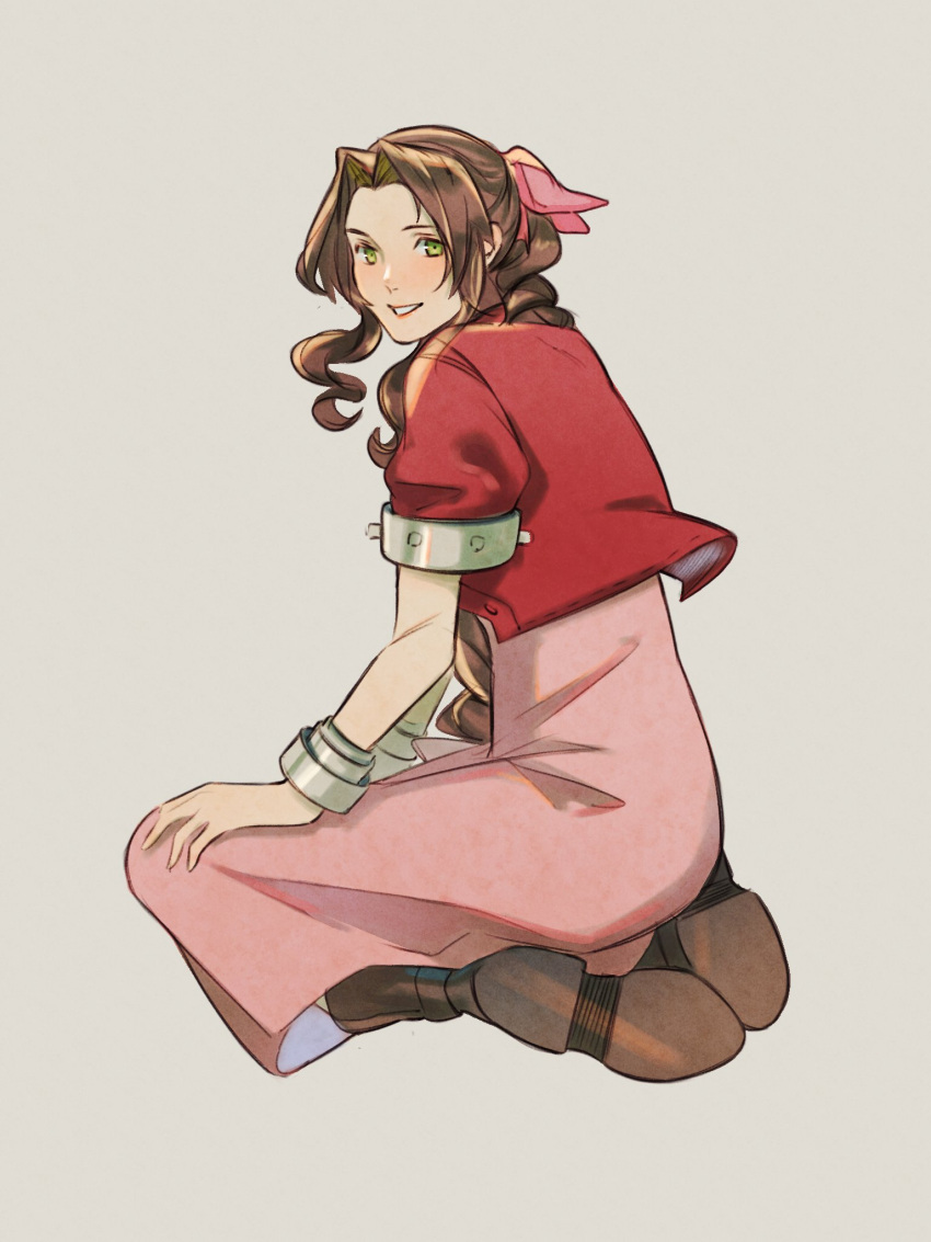 Safebooru - 1girl aerith gainsborough bangle boots bracelet braid braided ponytail brown ...