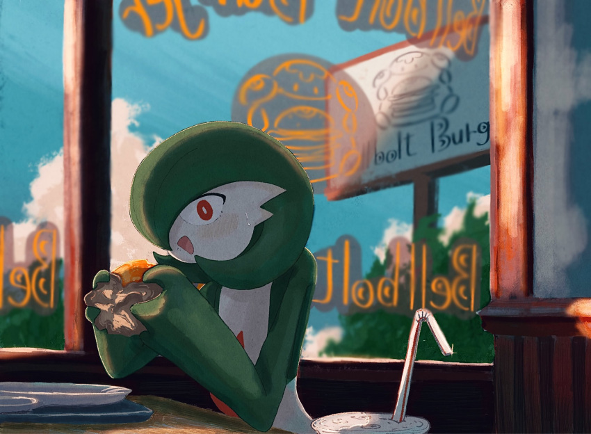 Safebooru - bellibolt blue sky blush bob cut burger clouds colored skin ...