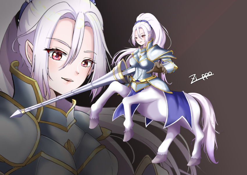 Safebooru - 1girl absurdres armor breasts brown background brown gloves centaur commentary ...