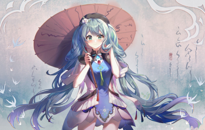 Safebooru - 1girl adjusting hair alternate costume beret black hat blue dress blush closed mouth ...