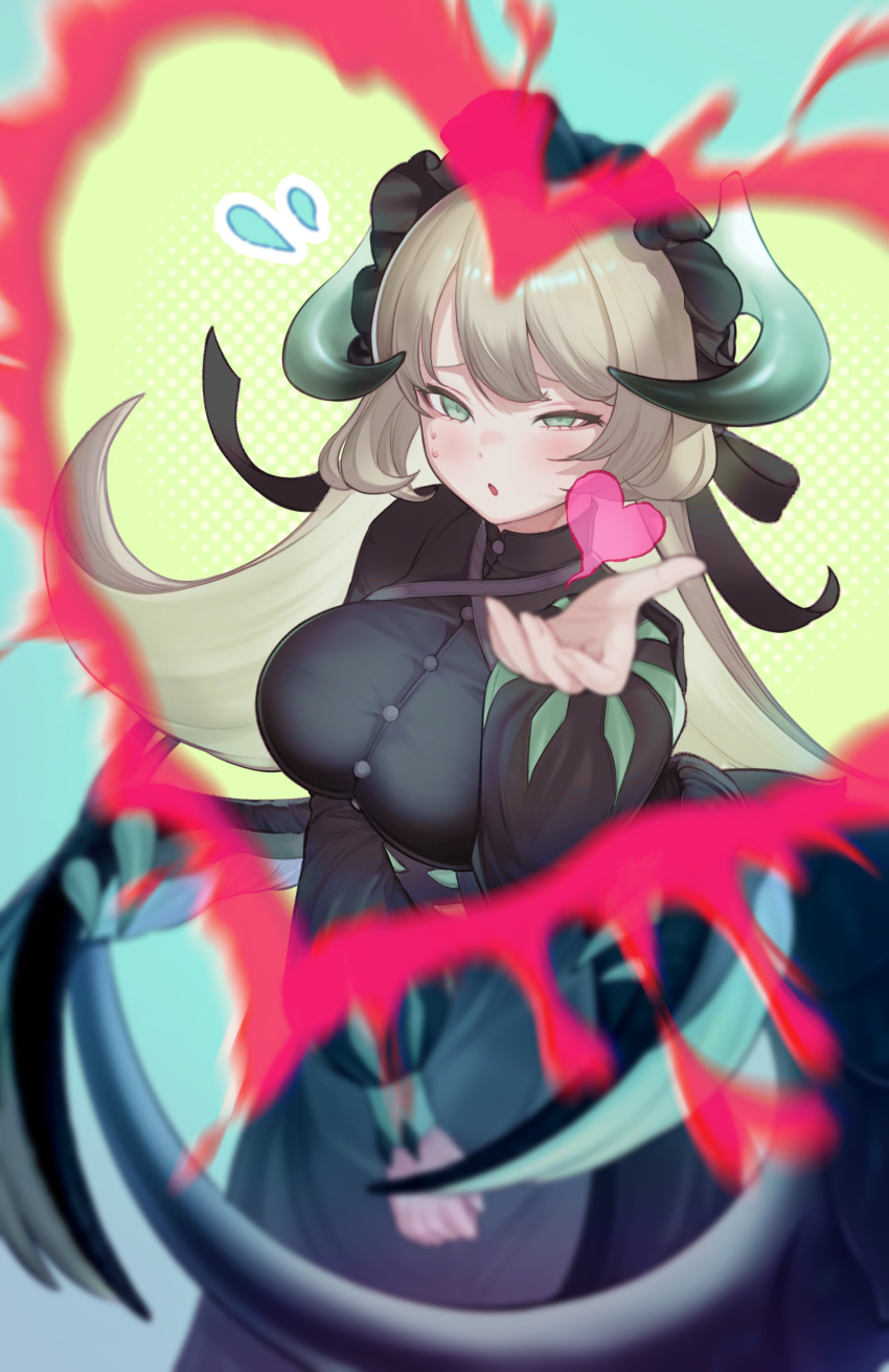 Safebooru - 1girl absurdres black dress blonde hair blowing kiss blurry blush breasts chamber ...