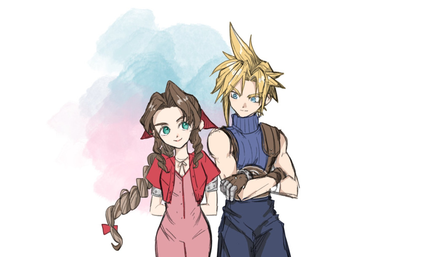 Safebooru - 1boy 1girl aerith gainsborough arms behind back bandaged arm bandages bare shoulders ...
