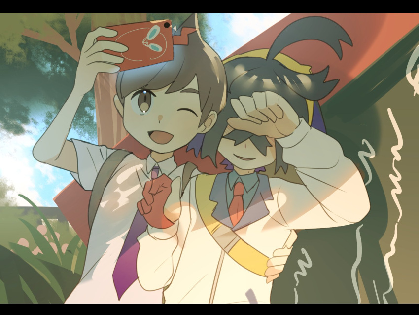 Safebooru - 2boys ;d brown eyes brown hair collared shirt commentary ...