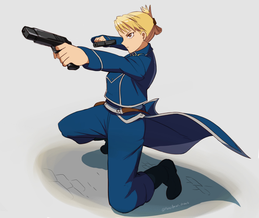 Safebooru - 1girl aiming blonde hair blue jacket blue pants brown eyes ...